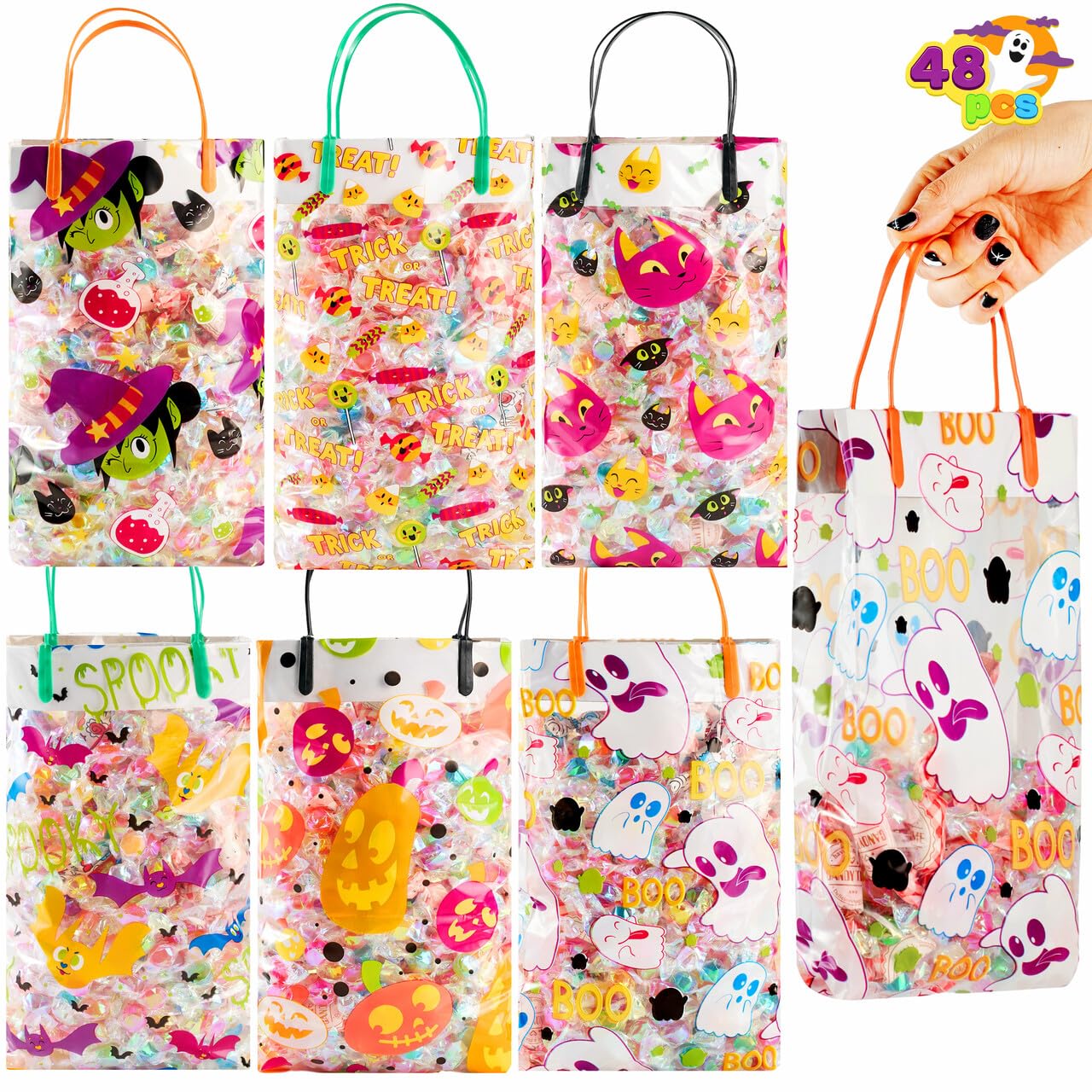 JOYIN 48PCS Halloween Cellophane Treats Bags, 6Ć11" Sturdy Trick or Treat Tote Bags, Goodies Gift Candy Bags, 6 Designs Clear Plastic Bags Bulk for Kids Girls Boys Halloween Party Favor Supplies