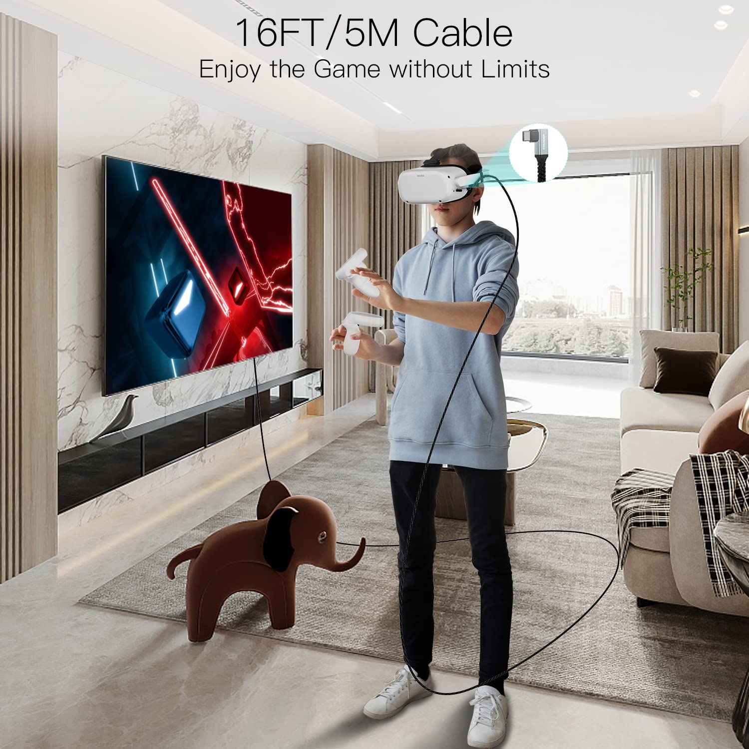 ESSAGER Link Cable for Quest 2/Meta and PC/Steam VR 16FT(5M), USB 3.1 High Speed PC Data Transfer, USB to USB C Cable for VR Headset and Gaming PC