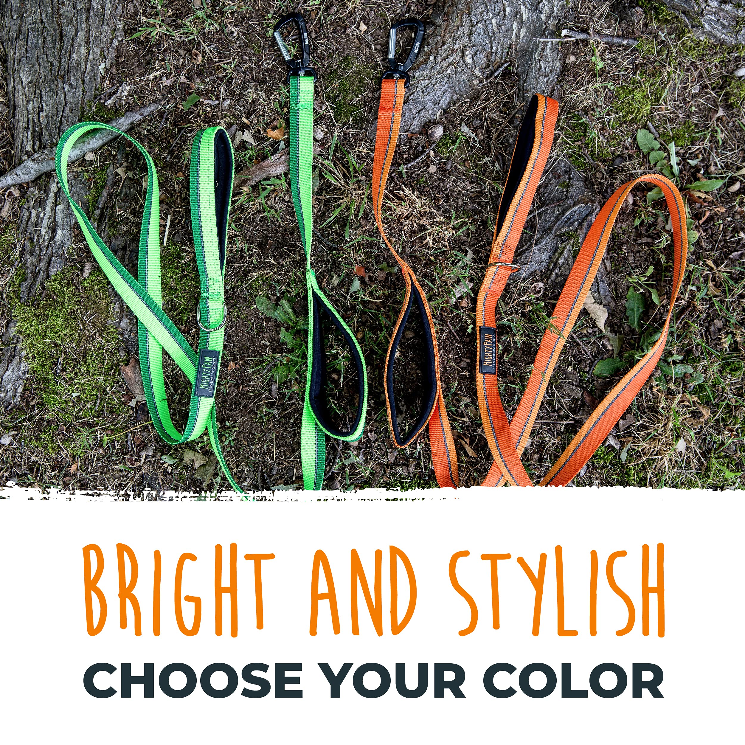 Mighty Paw Two Handle Dog Leash - Extra Control When You Need - Strong Climbers Carabiner - Super Soft Neoprene Padded Handles for Ultimate Comfort - Easy & Convenient - Reflective Stitching - Orange