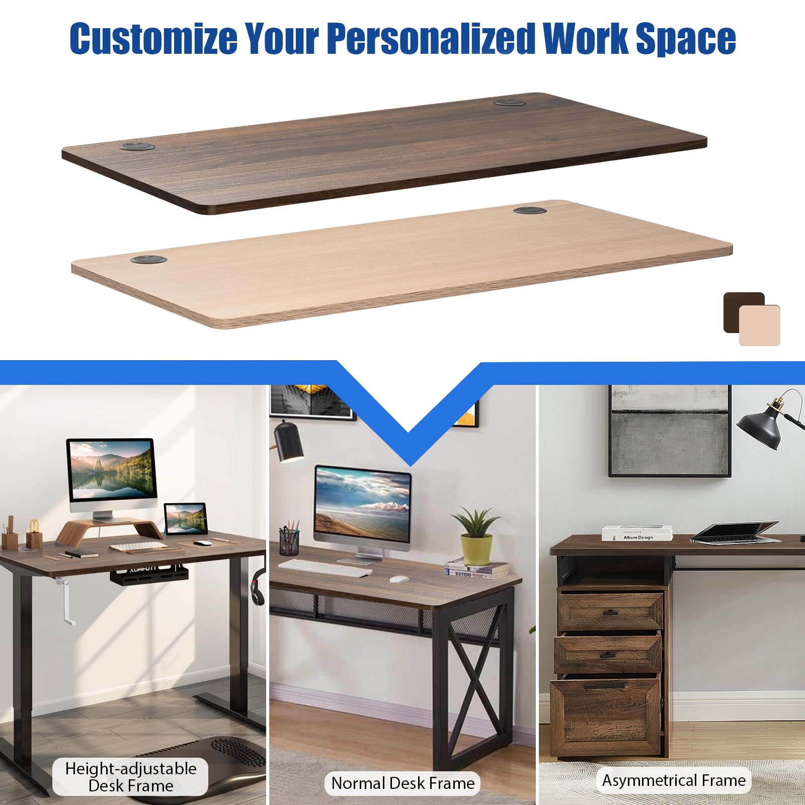 COSTWAY 48 x 24 Inch Universal Table Top, Solid One-piece Wooden Desktop w/Cable Holes, Office Relevance Tabletop for Standard & Sit-to-stand Home Office Desk Frames, Easy Assembly (Walnut)