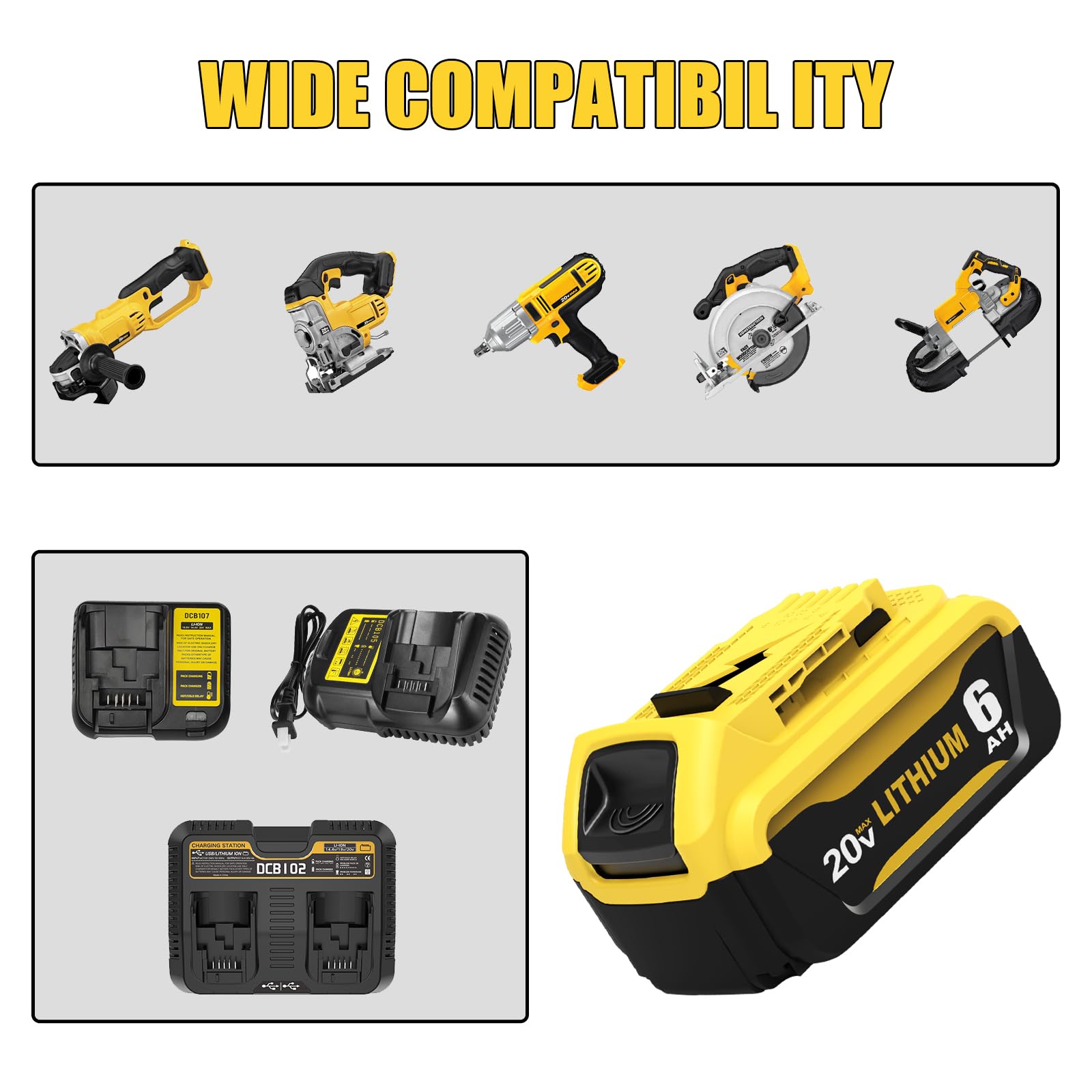 Ibanti DCB206 Battery Replacement for Dewalt 20V Battery Compatible with Dewalt 20V Battery DCB206 DCB203 DCB204 DCB200 DCD/DCF/DCG for Dewalt 20 Volt Max Series Cordless Power Tools (Yellow)