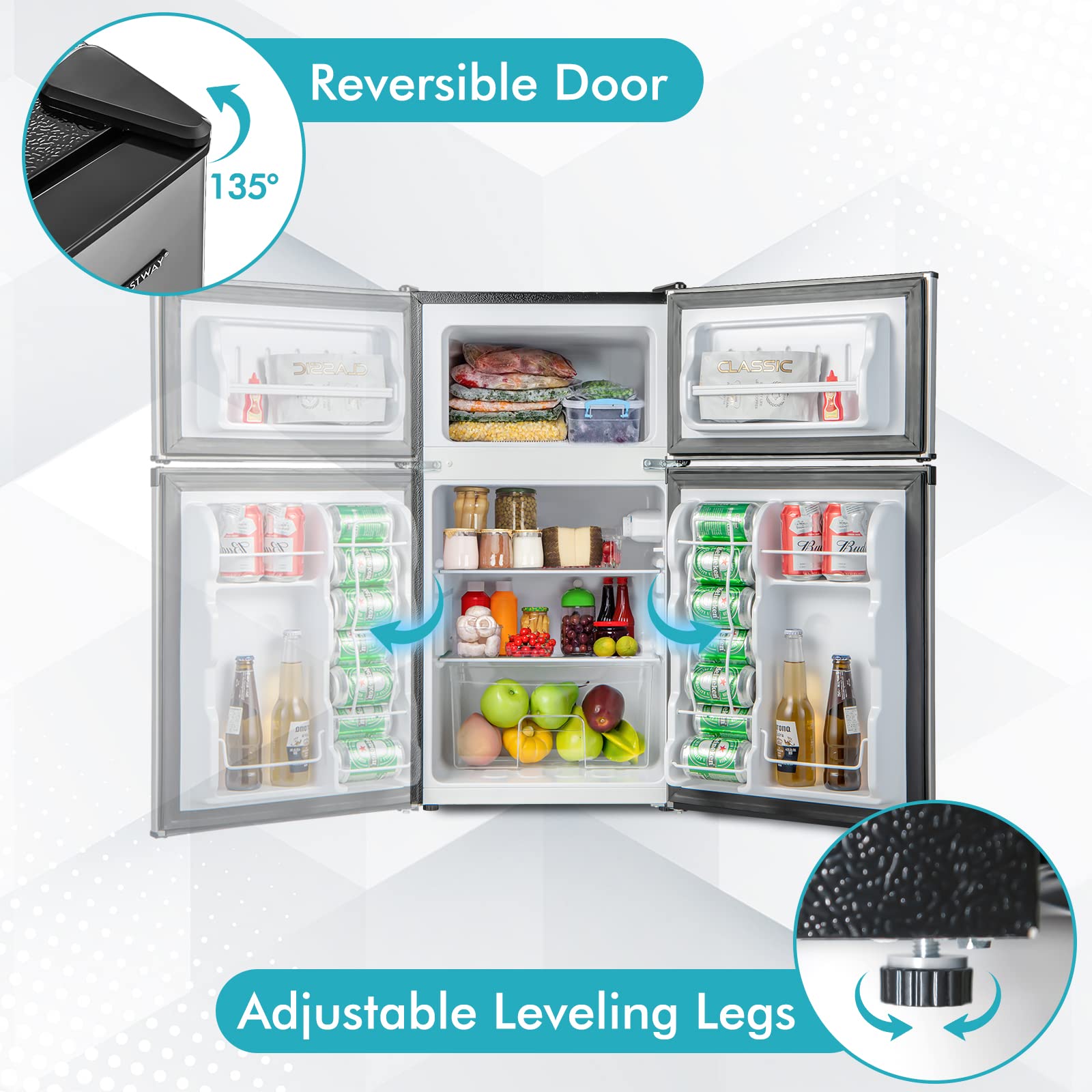 COSTWAY Compact Refrigerator, 2 Reversible Door 3.3 CU.FT. Mini Fridge and Freezer Compartment with Adjustable Thermostat & Removable Glass Shelves for Dorm Apartment Office (Silver)