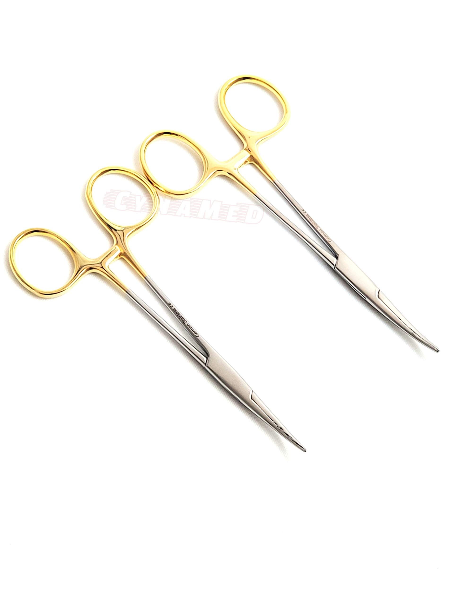 Premium German Stainless- Set of 2 PCS Gold Handle Mosquito Locking HEMOSTAT Forceps Straight + Curved 5"-Cynamed