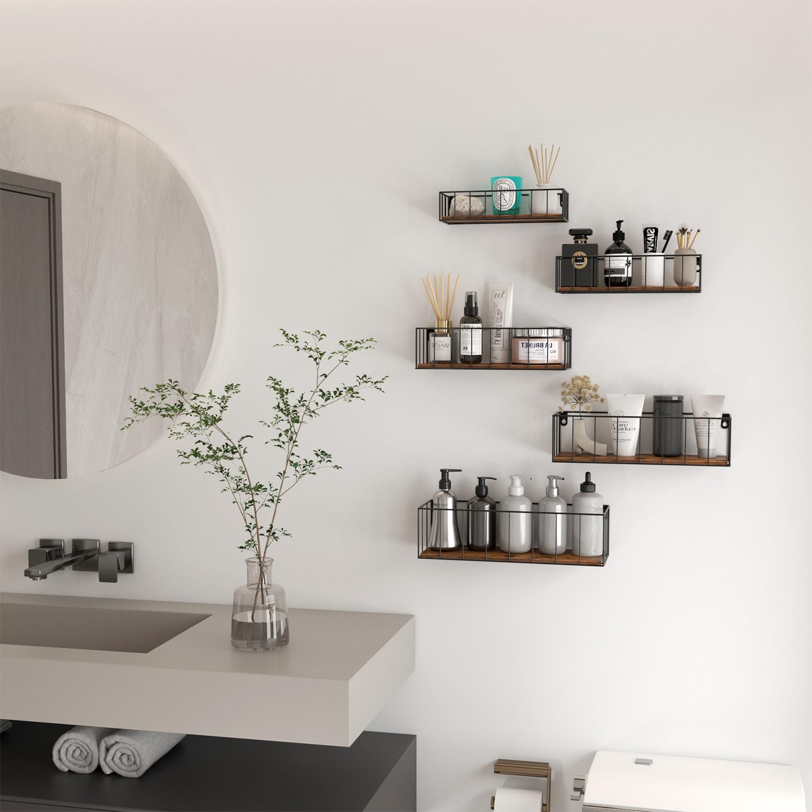 CRUGLA Floating Shelves Wall Mounted Set of 5, Hanging Storage Wall Shelf with Rail for Bathroom, Bedroom, Living Room, Kitchen
