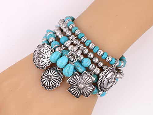 Elosee Western Style Turquoise Bead Concho Charms Stackable Set of 5 Silver Tone Stretch Bracelets