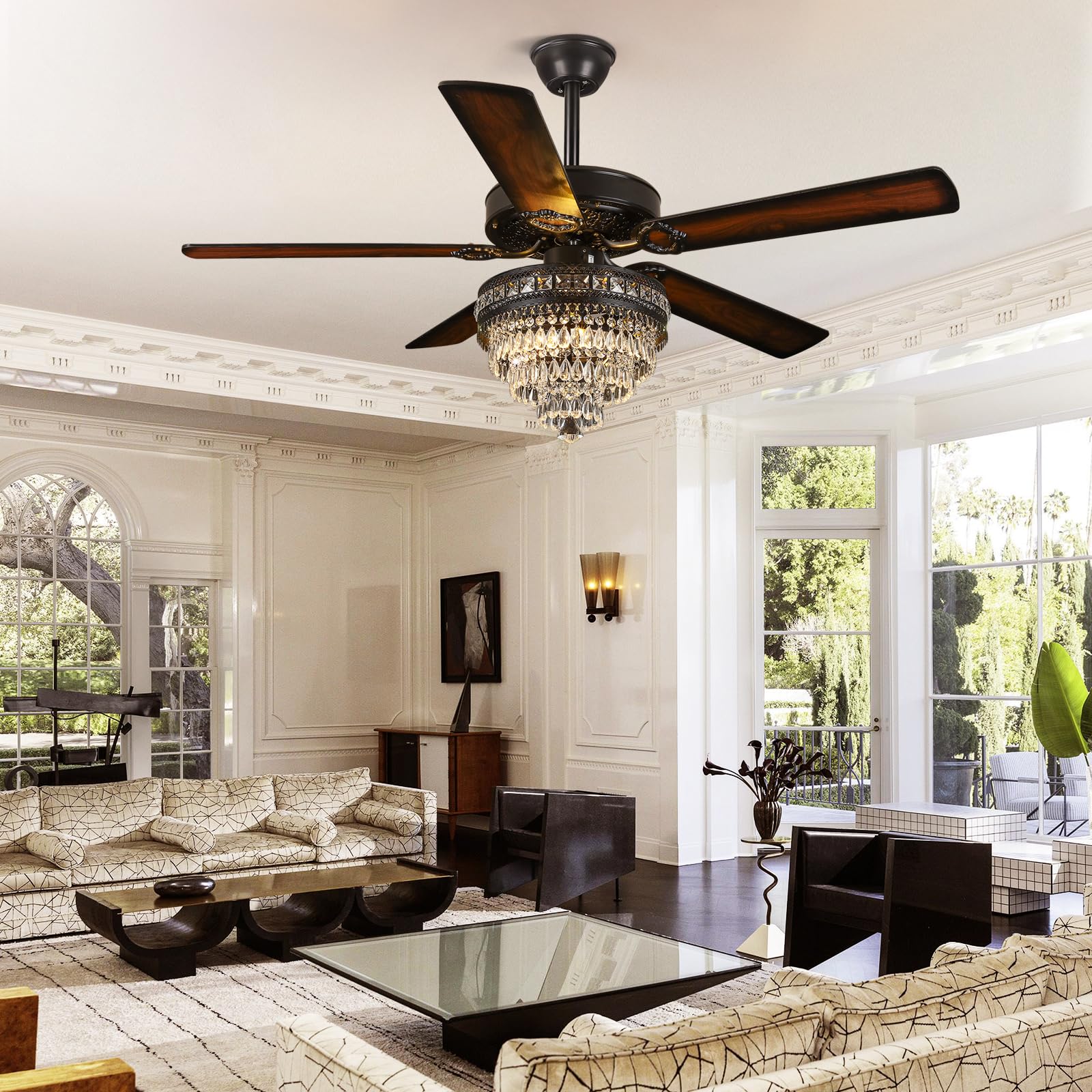 Crystal Ceiling Fan Fandelier with Lights - Modern Outdoor Fans with Remote Control,Noiseless AC Motor, Retro/Farmhouse Lighting, Dining Room, Living Room (52"