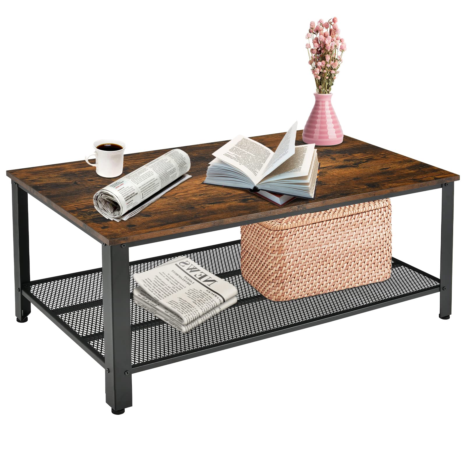 COSTWAY Industrial Coffee Table with Storage Shelf, 2-Tier Vintage Central Entertainment Console Table, Retro Accent Cocktail Tea Table for Living Room Office, Easy Assembly (Rustic Brown)