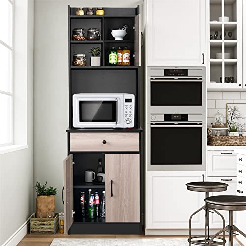 COSTWAY Kitchen Pantry Storage Cabinet, 71” Tall Buffet Hutch Cabinet with Microwave Stand, Adjustable Shelves, Drawer, Freestanding Buffet Cabinet with Storage for Dining Room, Home, Black