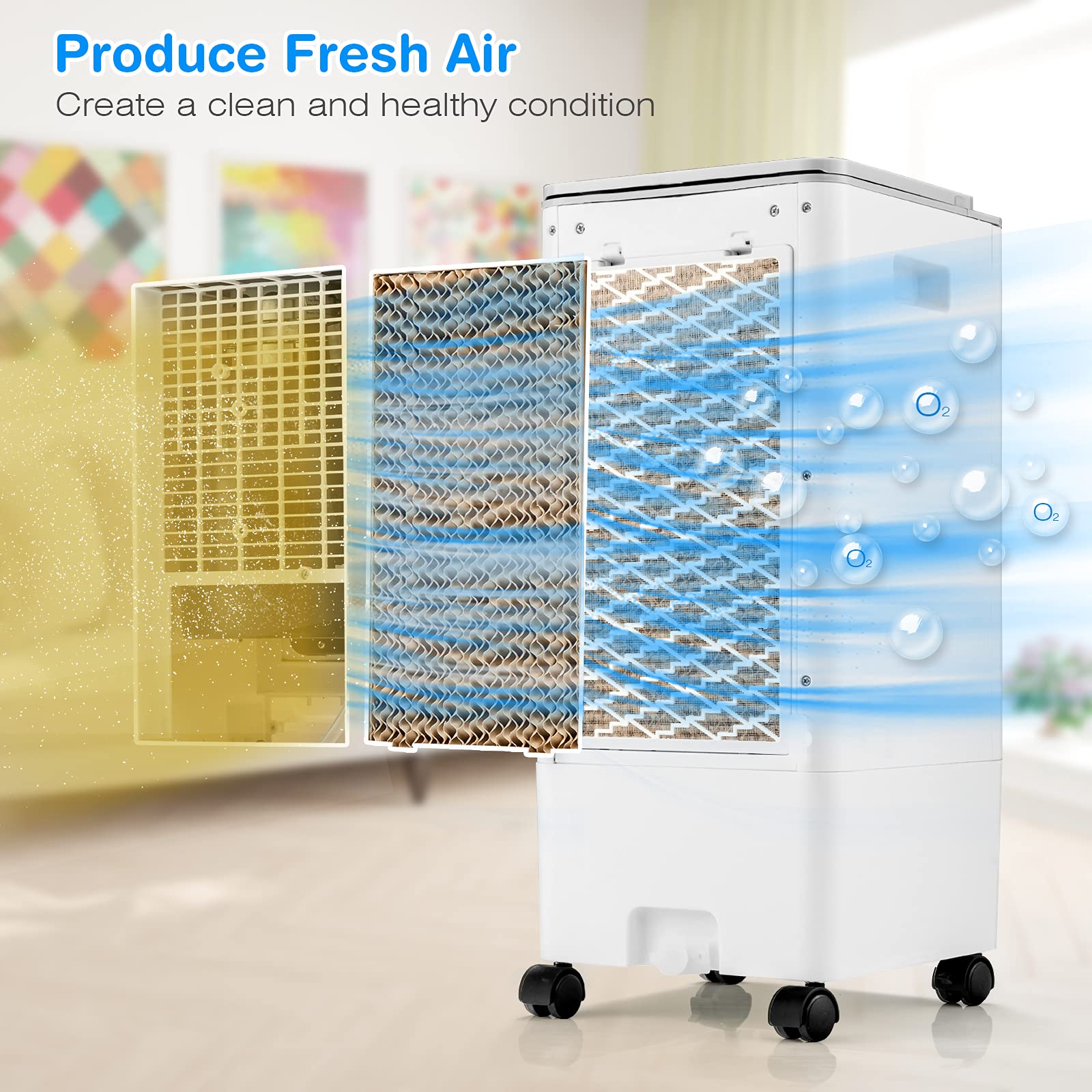 COSTWAY Portable Evaporative Air Cooler for Room, Include Remote Control, 4 Ice Packs, Portable Bladeless Fan with 3 Modes, 3 Speeds, 7H Timer, 6L Water Tank, Air Cooler for Indoor Use, Bedroom, White