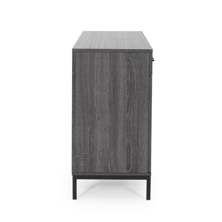 Contemporary Dark Gray Faux Wood Computer Desk: Sleek Design with Storage Cabinet and Drawers.