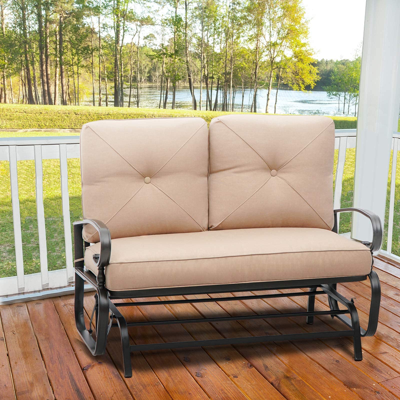 Omelaza Patio Bench, Porch Glider Outdoor Swing Glider Rocking Loveseat, Steel Frame Chair with Thick Cushion (Brown)