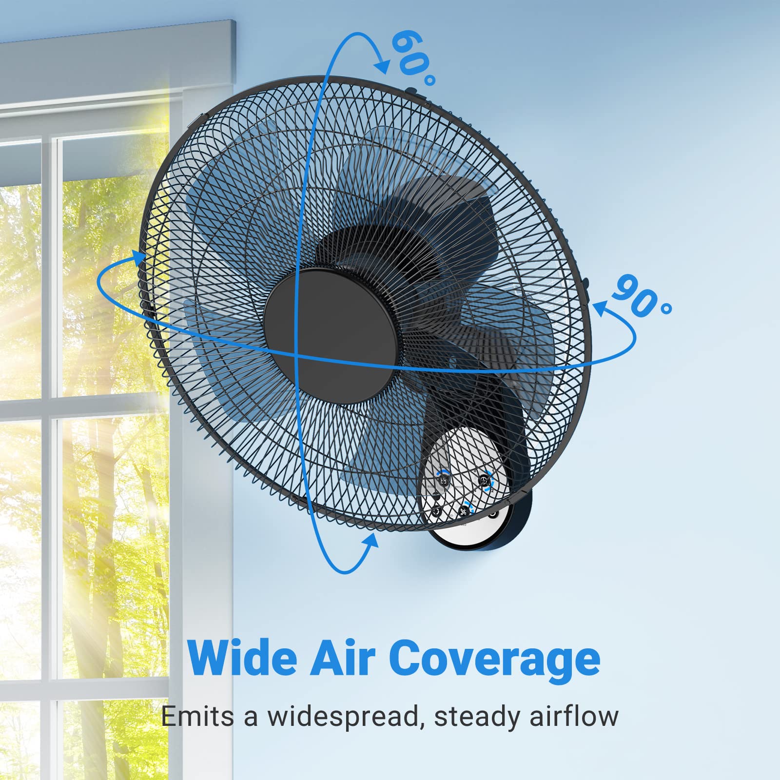 Mirdred Wall Mount Fan, 16 Inch 5 Blades 5 Speeds Wall Fan with Remote Control, 90 Degree 8 Hour Timer Oscillating Fan for Bedroom Home Kitchen, Black