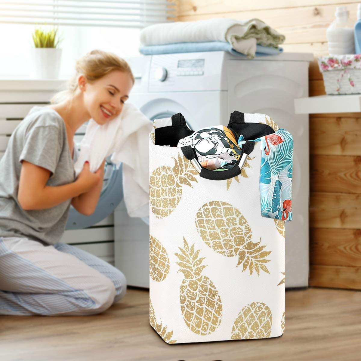One Bear Pineapple Laundry Basket Christmas Tropical Fruit Foldable Large Laundry Hamper Bucket with Handles Collapsible Nursery Storage Bin for Kids Clothes Toy
