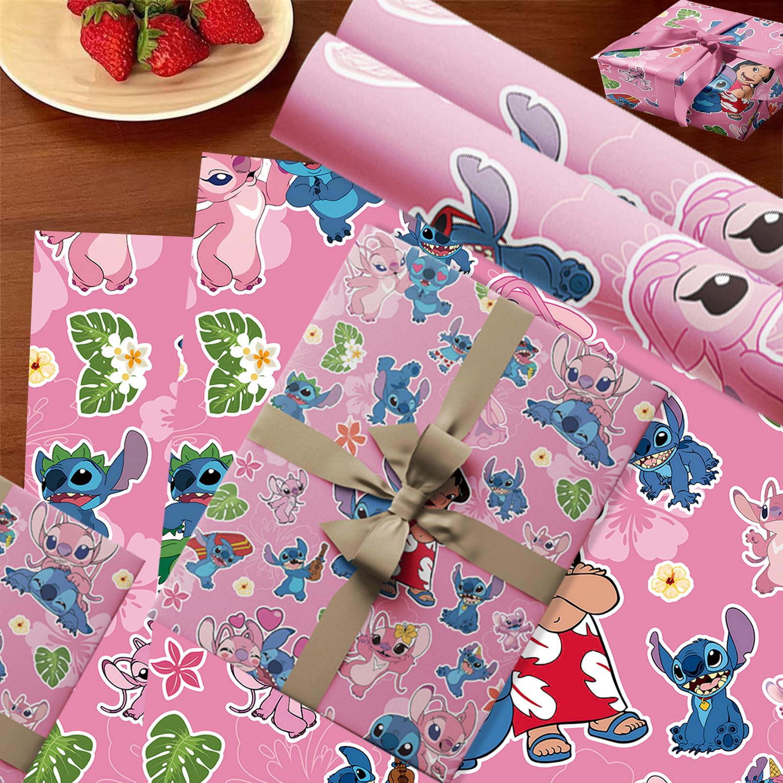 Hanrace Lilo Stitch Wrapping Paper Stitch Gift Wrap Bulk Art Paper Folded Flat for Baby Shower Stitch Birthday Party Decorations Wedding DIY Crafts Gift (Pink)