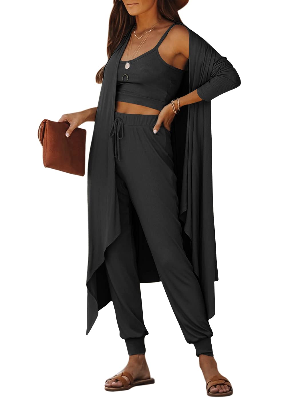 Cosygal Women's Crop Top Cardigan Jogger Pants Tank Coat Three Piece Outfits Sets Black Small