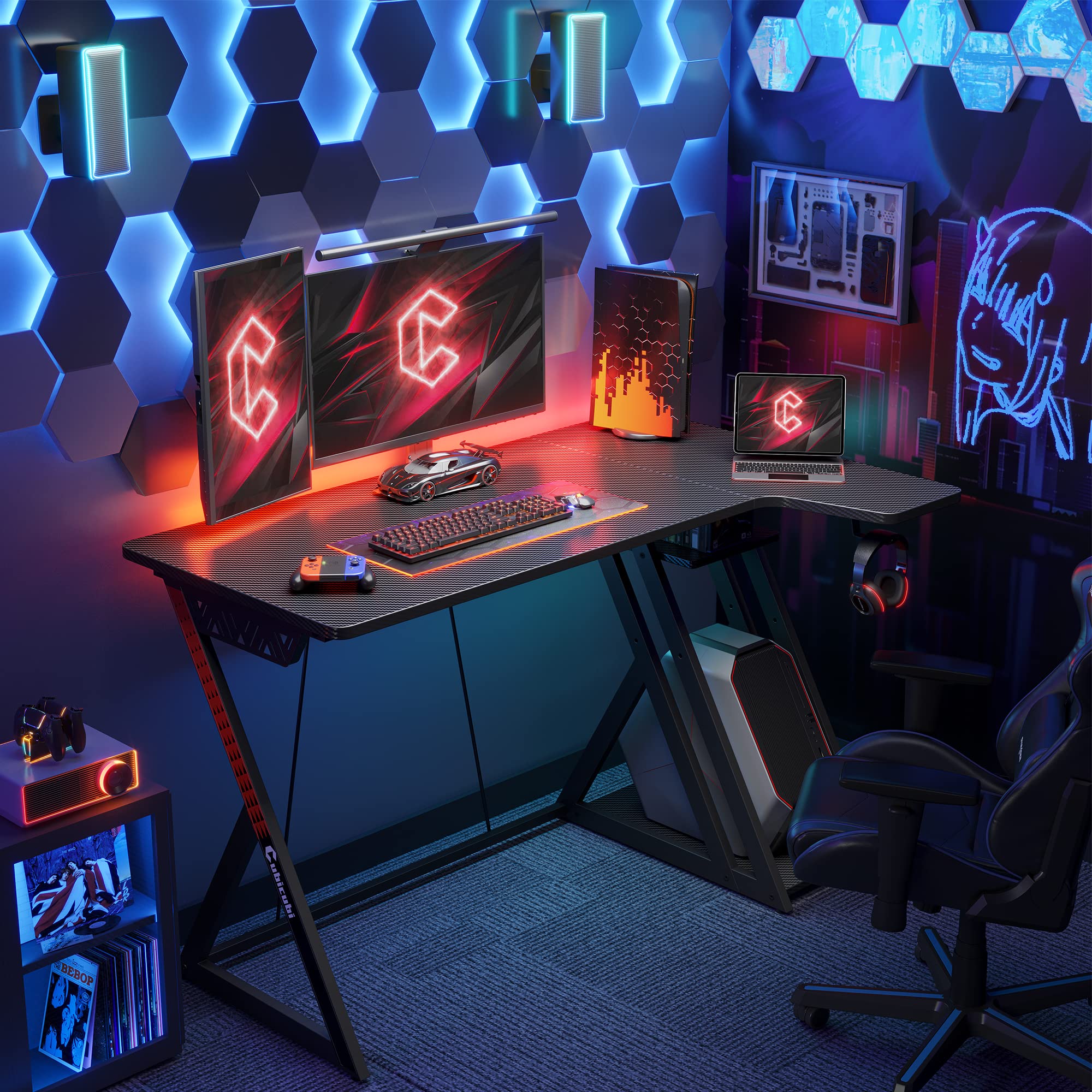 CubiCubi Gaming Desk 55 inch PC Computer Desk, Home Office Desk Gaming Table Z Shaped Gamer Workstation and Headphone Hook, White