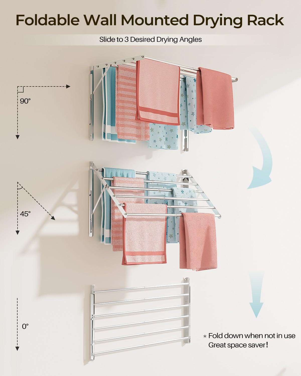 JAUREE Wall Mounted Clothes Drying Rack, Laundry Drying Rack Stainless Steel, Wall Drying Rack Clothing Foldable with 6 Drying Rods, Space Saving Wall Clothes Dryer Rack