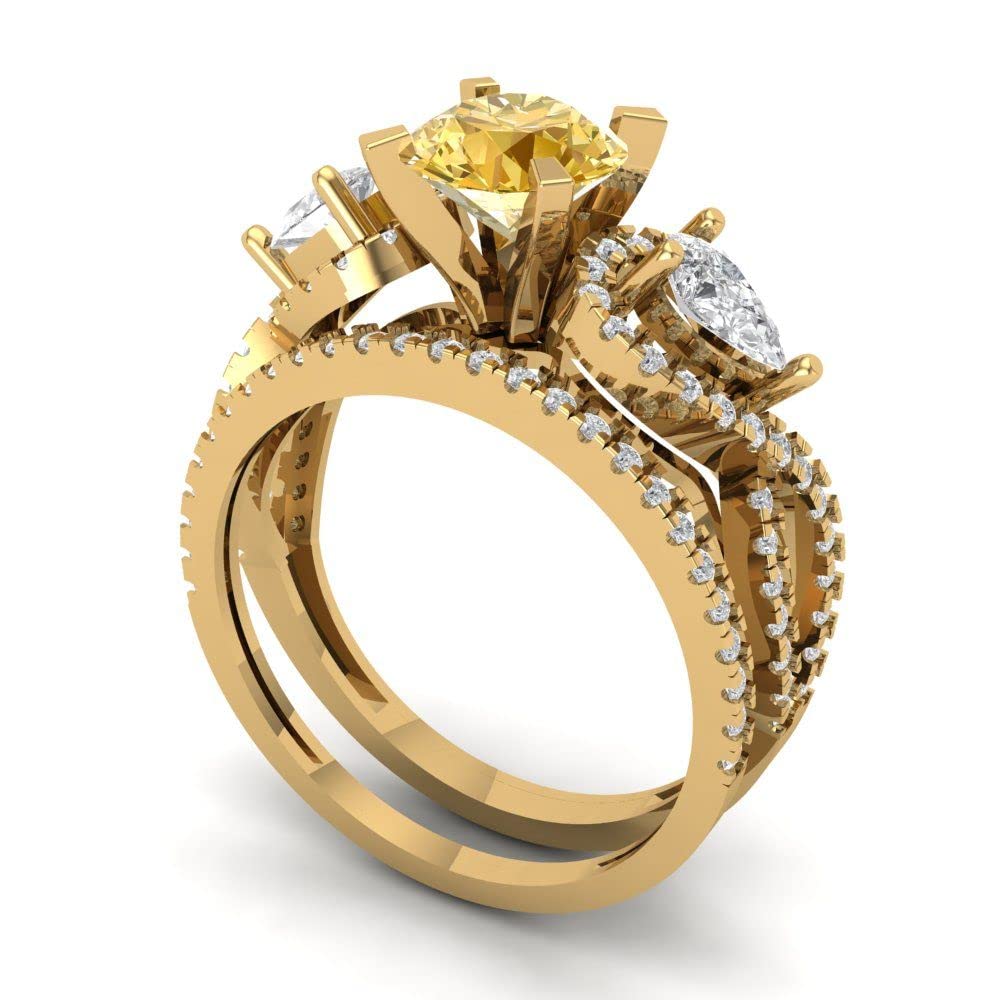 Clara Pucci 2.1ct Round Cut Solitaire 3 stone Real Yellow Citrine Designer Art Deco Statement Wedding Ring Band Set 18K Yellow Gold 10.75