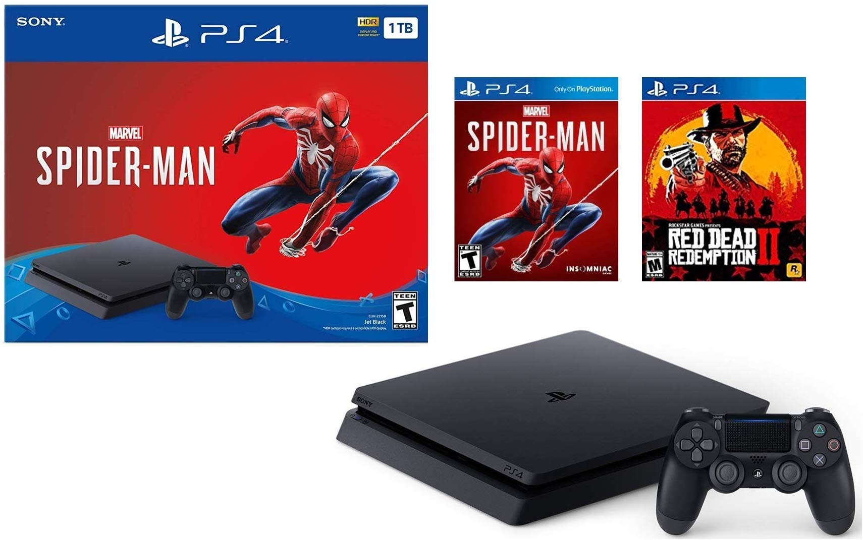 Sony Playstation 4 1TB Marvel's Spider-Man Bonus Bundle w/Red Dead Redemption: Playstation 4 1TB Jet Black Console, Marvel's Spider-Man, Red Dead Redemption 2, DUALSHOCK 4 Wireless Controller