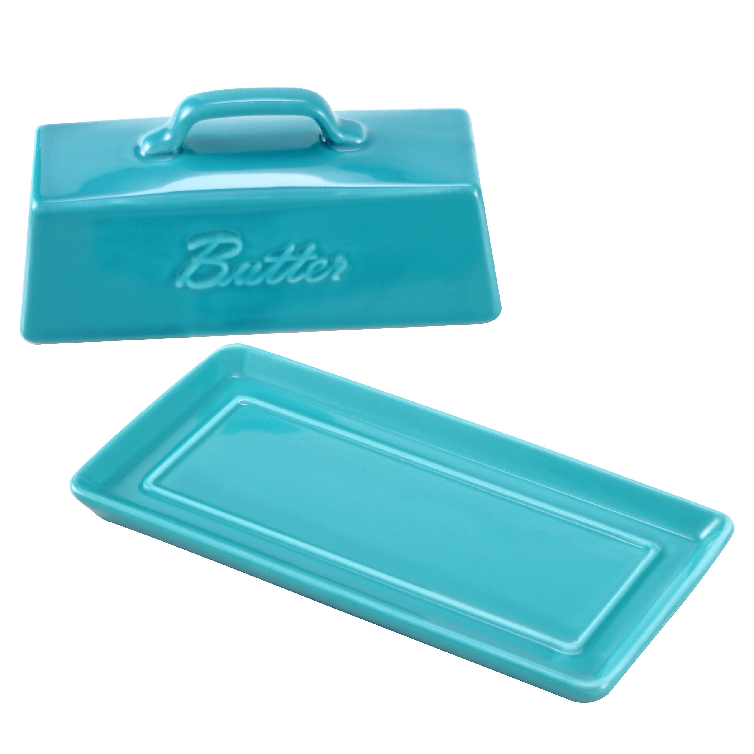 Bruntmor Porcelain Butter Keeper With Handle Cover, French Butter Dish Ceramic Butter Holder Container for Countertop, Butter Dish with Lid, Teal