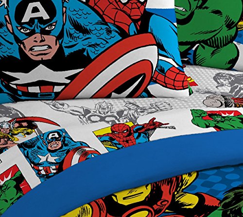 Jay Franco Marvel Comics Full Sheet Set-Features Captain America, Hulk, Iron Man, Spiderman, and Thor, Good Guys Blue