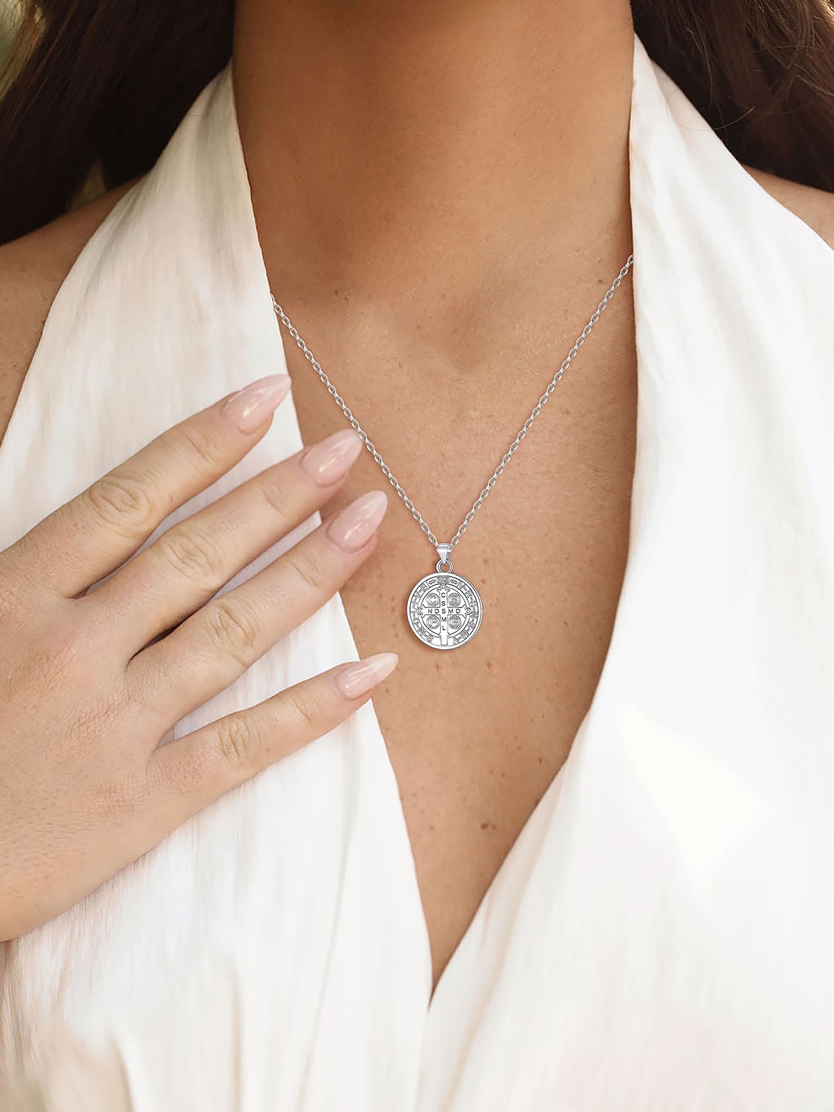 U7 Men Women St Benedict Necklace 925 Sterling Silver Round Medal Protect Saint Nursia Benedict Pendant and Chain 18 Inch
