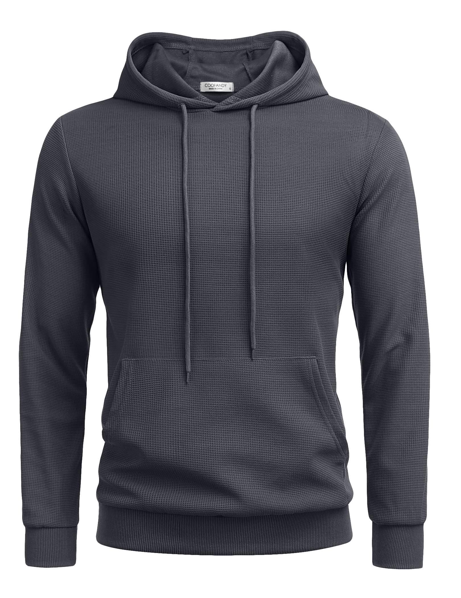 COOFANDY Men's Hooded Sweatshirts Long Sleeve Casual Pullover Hoodie Waffle Knit Sweatshirt with Pocket Dark Grey