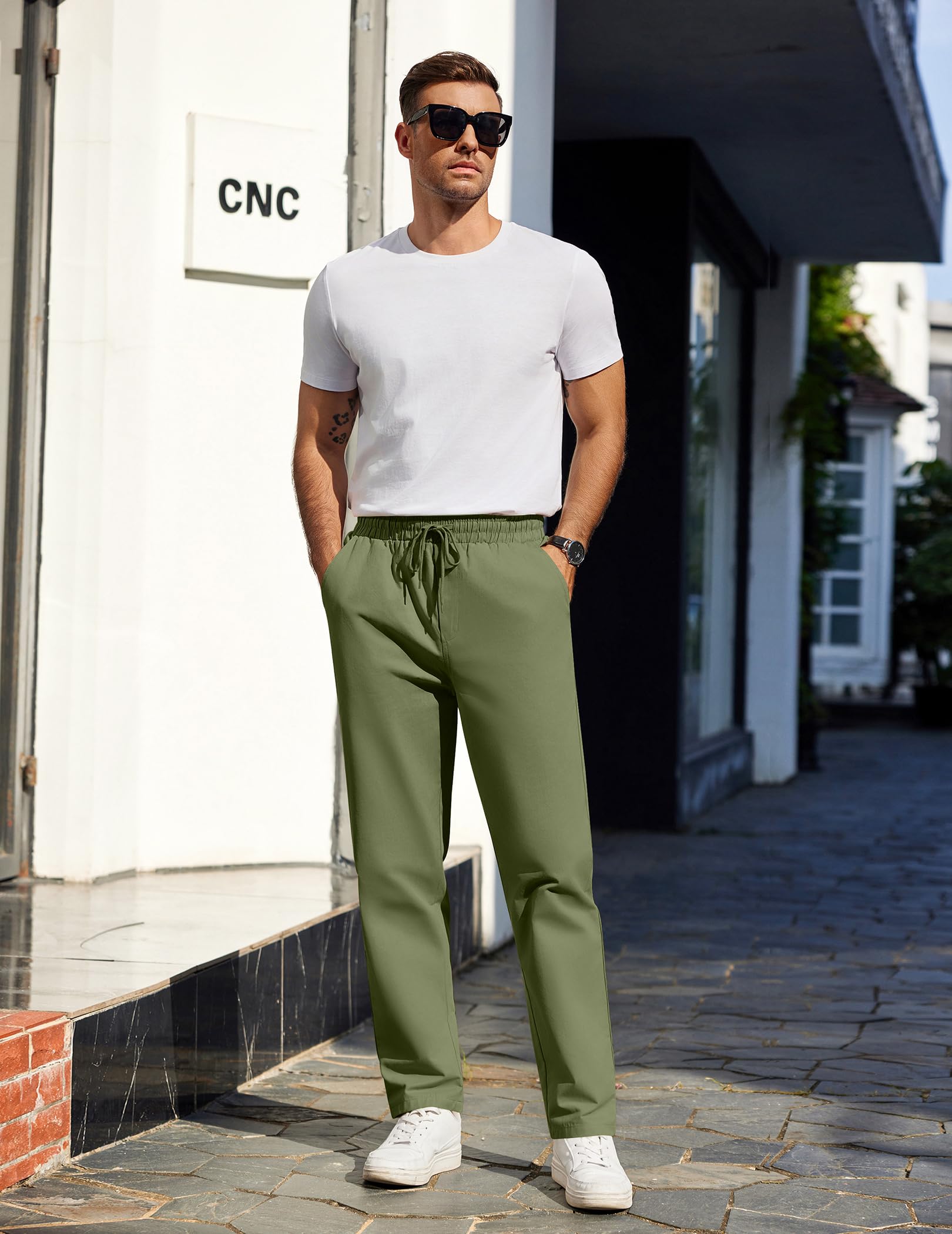 COOFANDY Men's Cargo Pants Regular Fit Elastic Waist Cotton Trousers Basic Drawstring Casual Pants Dark Green