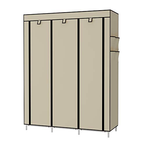 UDEAR Portable Wardrobe Closet Clothes Organizer No-Woven Fabric Cover with 6 Storage Shelves, 2 Hanging Sections and 4 Side Pockets,Beige