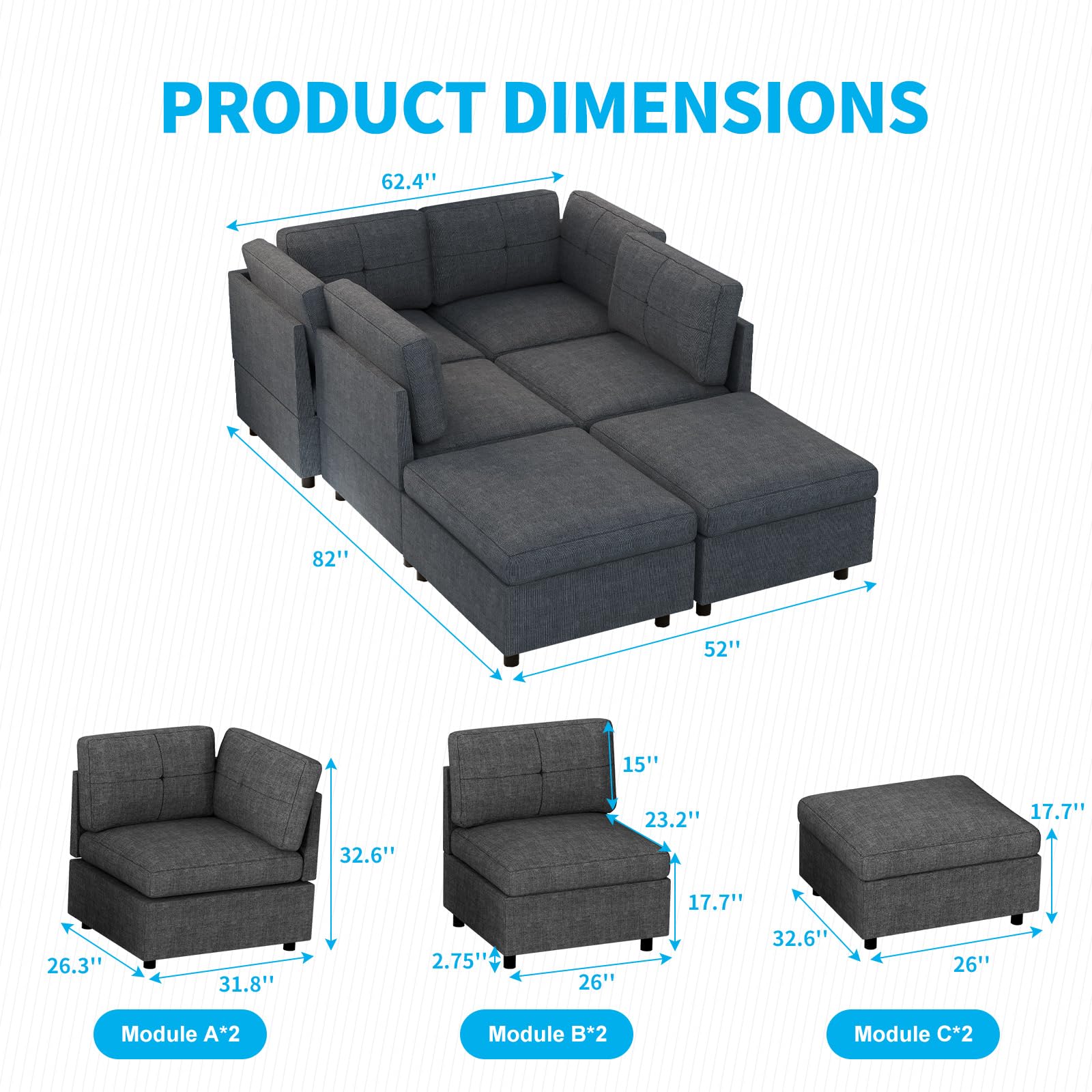 Mjkone Convertible Sofa Couch, Modern U Shaped Sofa with Tufted Back Cushion, 6 Seat Oversized Sectionals Sofa Couch with Ottomans for Living Room/Apartment/Office (Beige)