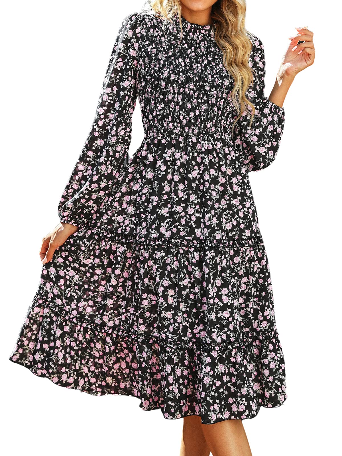 CUPSHE Women Floral Print Dress Long Sleeve Mock Neck Smocked Midi Dresses,M