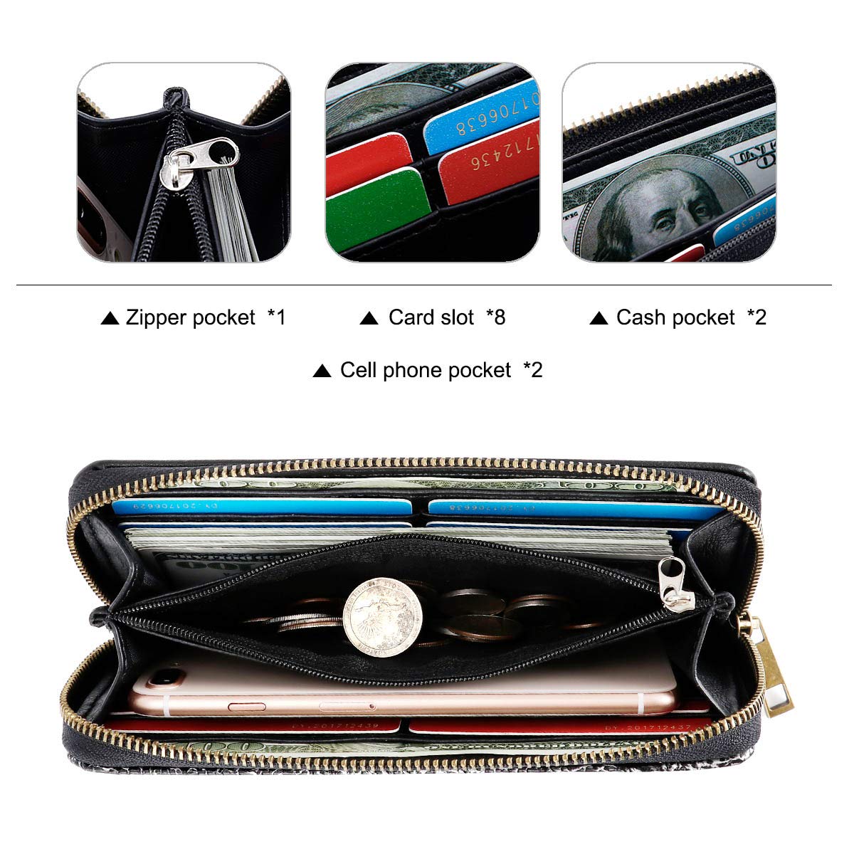 Women's Clutch Wallet Ladies Zip Around Bifold Long Purse Travel Phone Card Holder Organizer Wrist Strap (Venus)