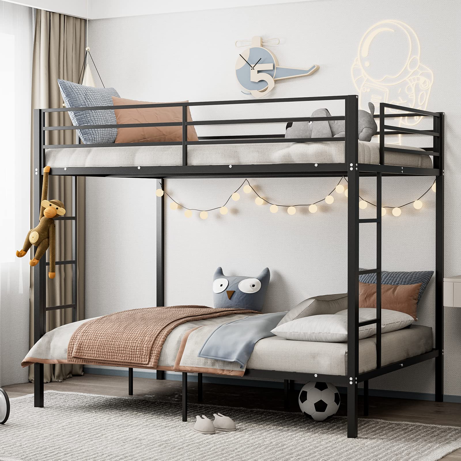 IKIFLY Metal Full Over Full Bunk Beds, Heavy Duty Full Size Bunk Bed Frame with 2 Built-in Ladders, Safety Guard Rail, Space-Saving Design, for Kids, Teens, Adults - No Box Spring Needed - White