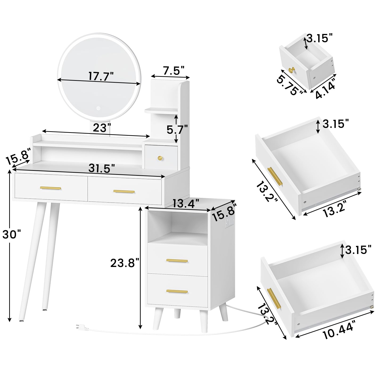 BTHFST Makeup Vanity with Lights and Charging Station, White Vanity Desk with Round Mirror and Lights, Vanity Table with Drawers and Shelves, Makeup Table with Touch Screen Mirror and Nightstand