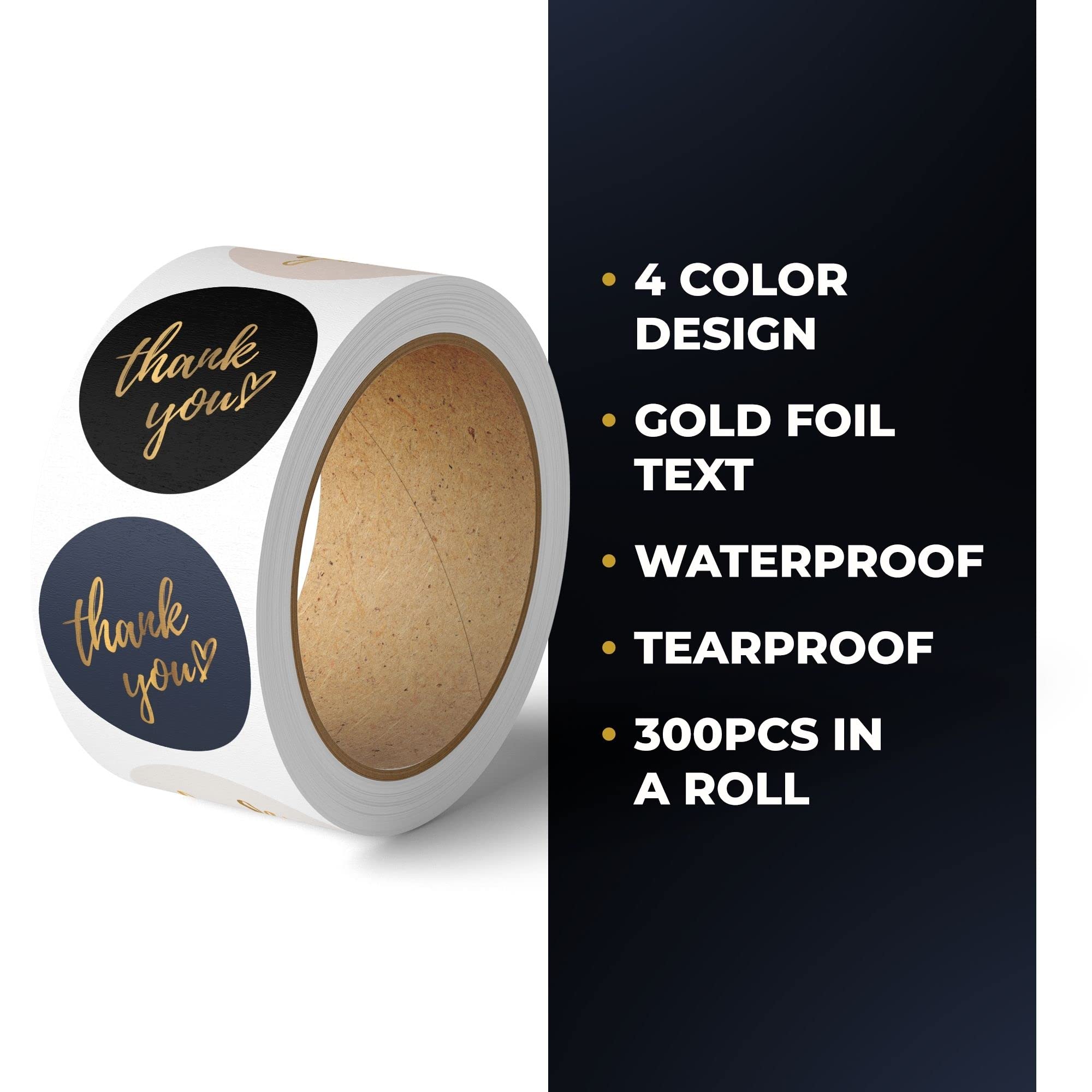 Mobiusea Party Thank You Stickers Roll | Simple and Sincere | 2 inch | Waterproof | 300 Labels for Small Business, Packaging, Mailer Seal Stickers | 4 Classic Colors with Gold Foil Design