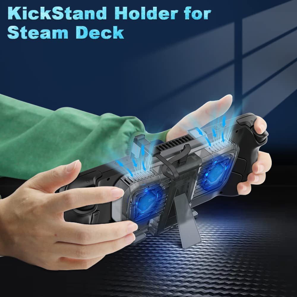 Fan for Steam Deck Fan Cooler with Kickstand for Stream Deck Cooling Fan Accessories with Dual C-Port Adapter, 3-Speed Adjustable, Double Fans, Blue RGB LED