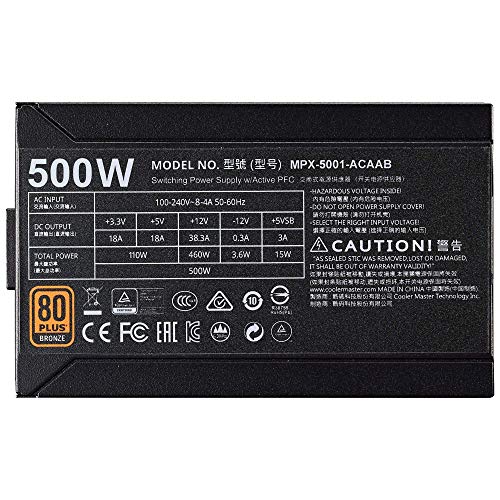 Cooler Master MWE Bronze 500 Watt 80 Plus Certified Power Supply, 3 Year Warranty