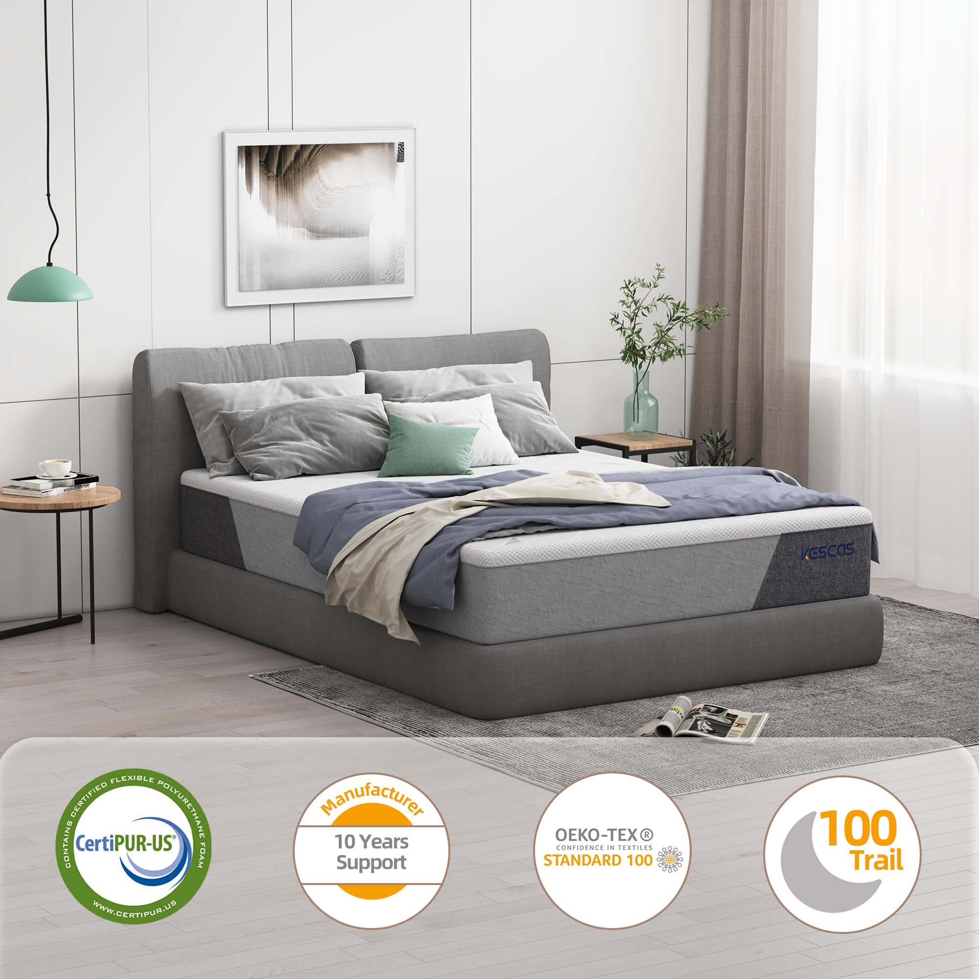 Kescas 10 Inch Spring Hybrid Full Mattress -Bamboo Charcoal Cooling Gel Memory Foam, Moisture Wicking Cover, Edge Support - Pocket Innersprings for Motion Isolation - Medium Firm