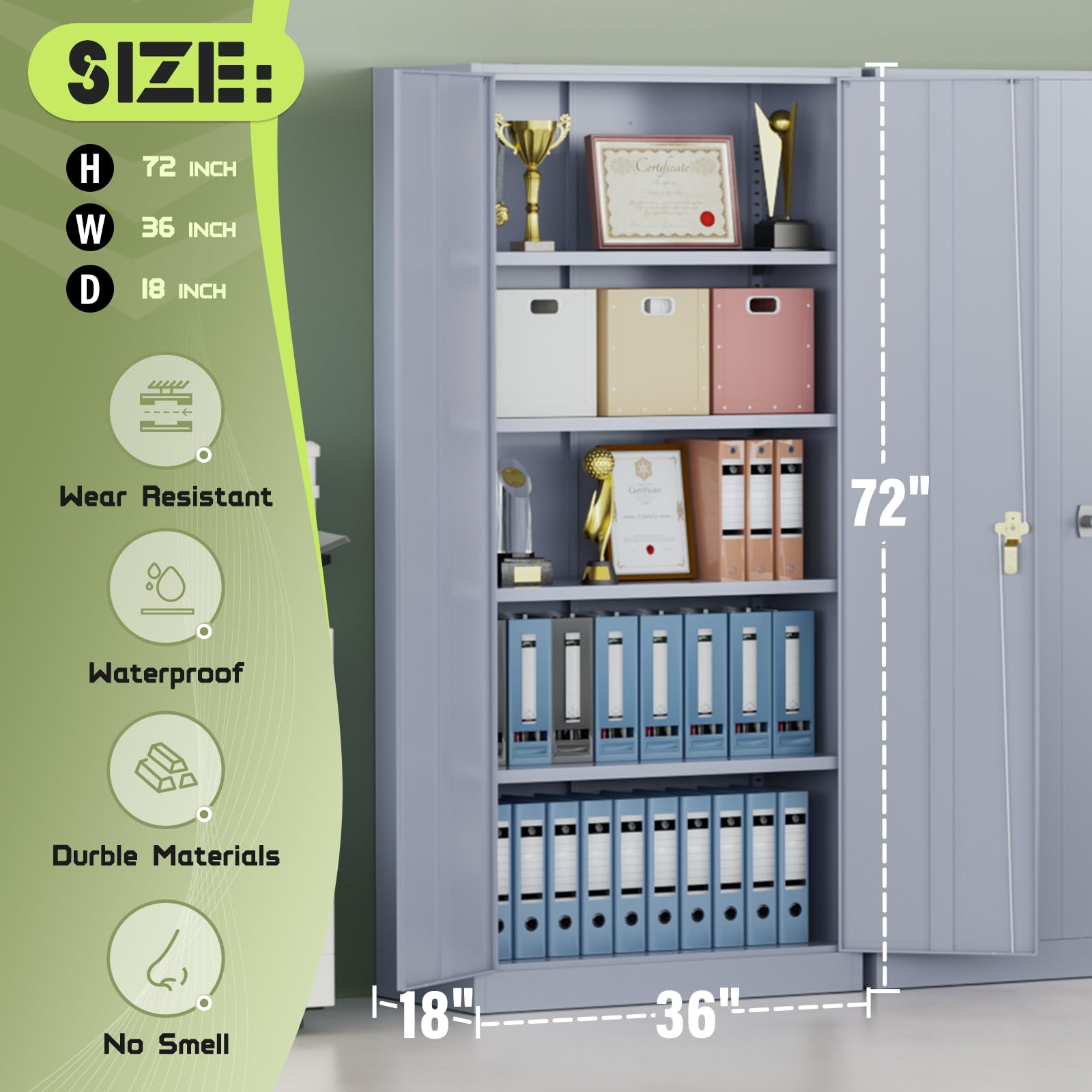 Incbruce 72” Metal Storage Cabinet, Tall Locking Steel Storage Cabinet with 2 Doors and 4 Adjustable Shelves,Lockable Storage Cabinet for Home, Office, Warehouse(Grey)