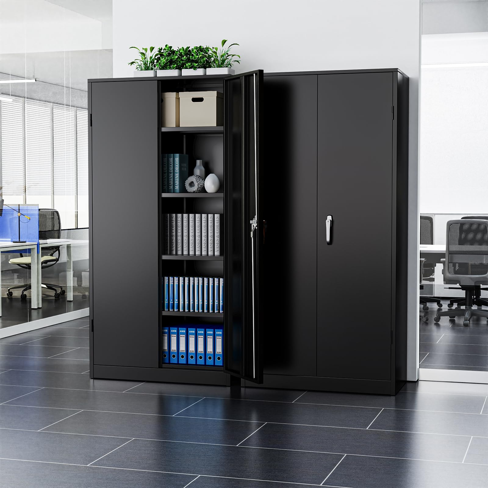 Incbruce 72” Metal Storage Cabinet, Locking Steel Storage Cabinet with 2 Doors and 4 Adjustable Shelves, Tall Lockable Tool Storage Cabinet for Garage, Home, Office (Black)