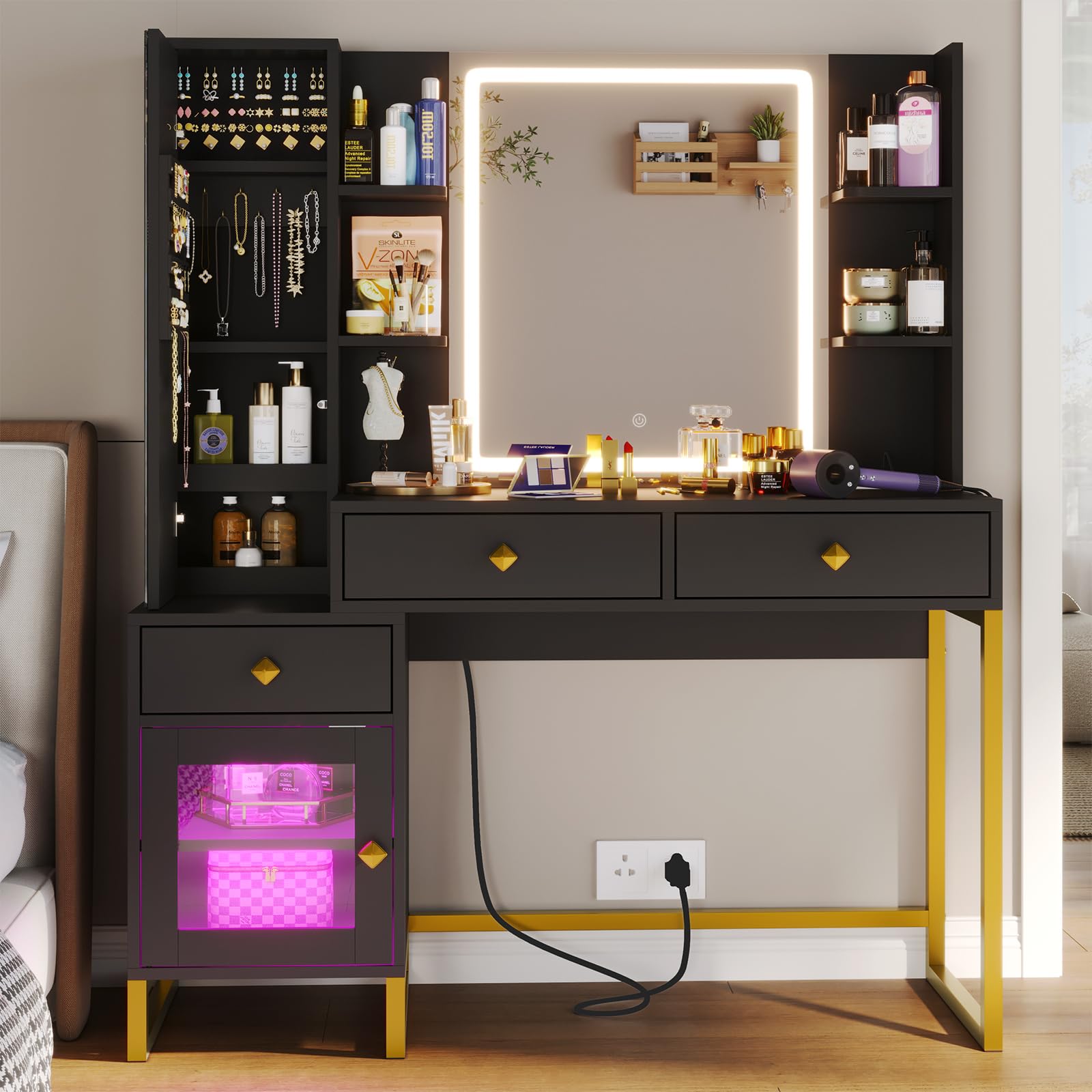 HAUOMS Makeup Vanity with Jewelry Cabinet & LED Lighted Mirror, Modern Vanity Desk with Charging Station, Double Mirror Vanity Table Set, White & Gold