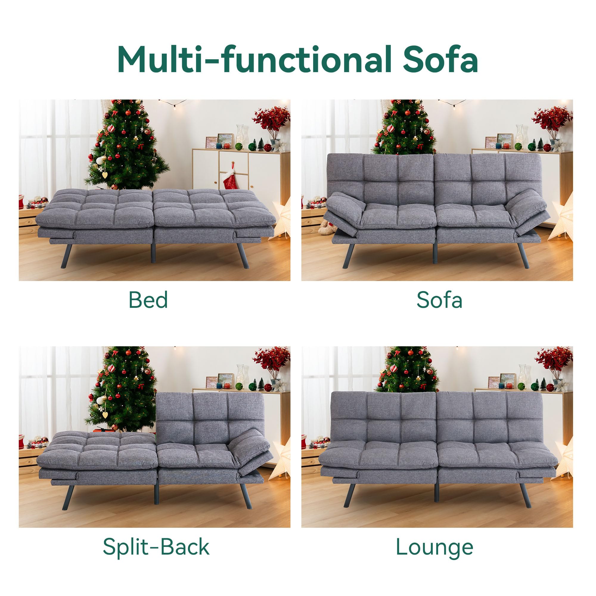 Hcore Convertible Futon Bed,Gray Memory Foam Sofa Loveseat Sofabed, Light Grey