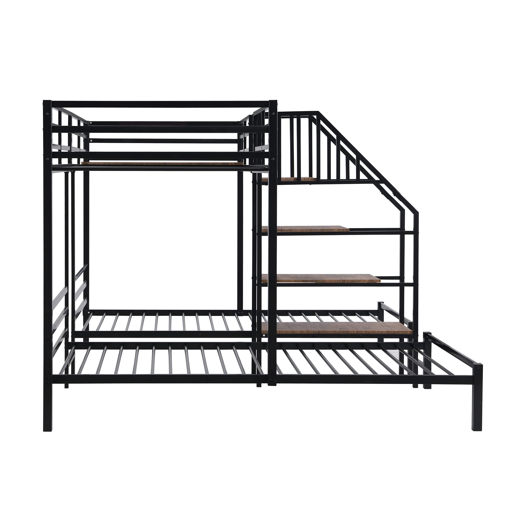 Polibi L-Shaped Twin Size Metal Triple Bunk Bed with Storage Shelves Staircase, Twin Over Twin & Twin Triple Bunk Beds, Black
