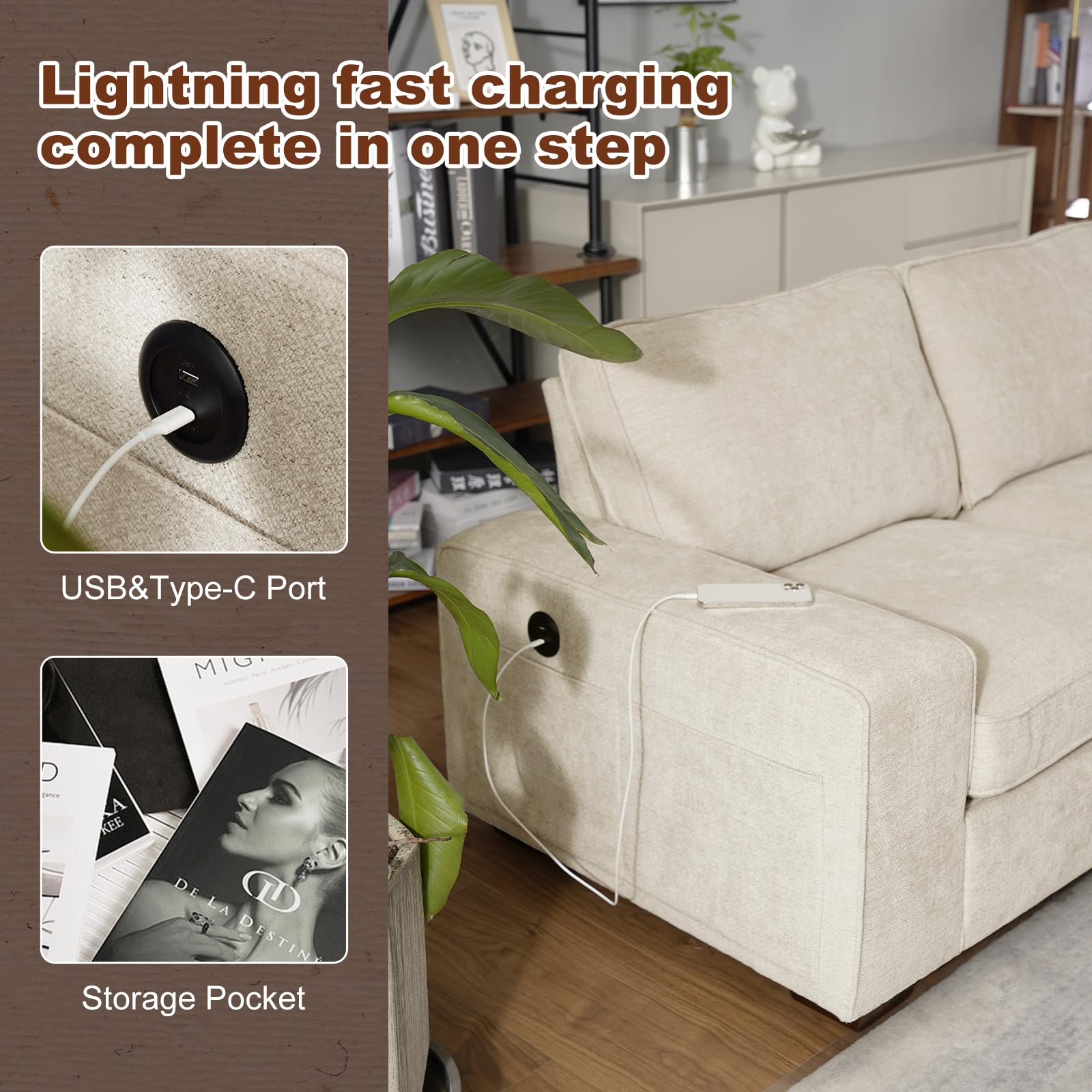 COOSLEEP 99” L-Shape Convertible Sectional Couches Sofas with 190L Storage Chaise,Chenilee Upholstered Sofas with Removable Cushion and Detachable Cover,USB and Type-c Charging for Living Room