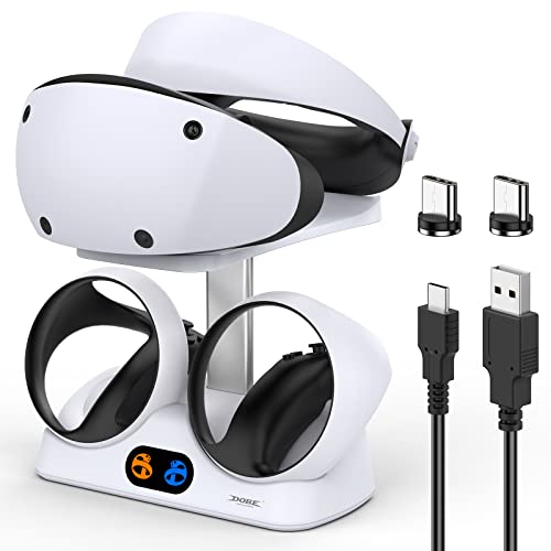Fast Charging Stand for PS VR2 Sense Controller, Dual Charger Dock Station for Playstation VR2 with Headset Display Mount&LED Light&2 USB-C Magnetic Connector/Cable, Controller Accessories for PSVR2