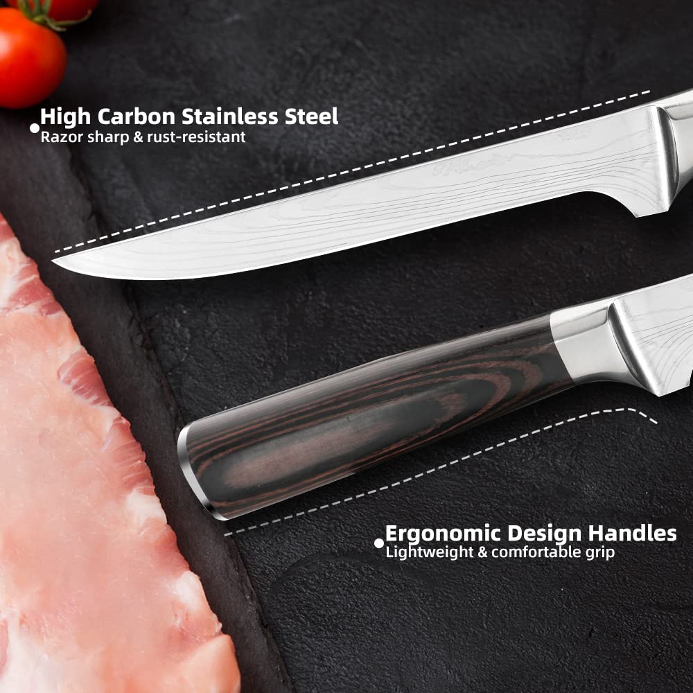 Fseoot Boning Knife Japanese High Carbon Stainless Steel Deboning Knife Professional Kitchen Chef Knife for Meat Fish Poultry Chicken with Ergonomic Handle (Brown)