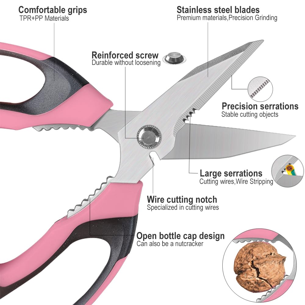 FTECYBO Scissors Heavy Duty 8'', Carpet Scissors, Multipurpose Scissors with Protective Cover, Stainless Steel Serrated Blades, Easy Cutting Cardboard, Leather, Fabric, Wires(PINK)