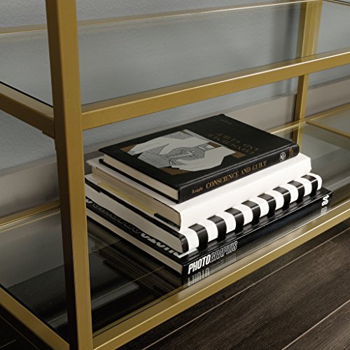 Sauder International Lux Console Table 5 Tier Modern Metal Multipurpose Sofa Table Bookcase with Glass Shelving, in Satin Gold