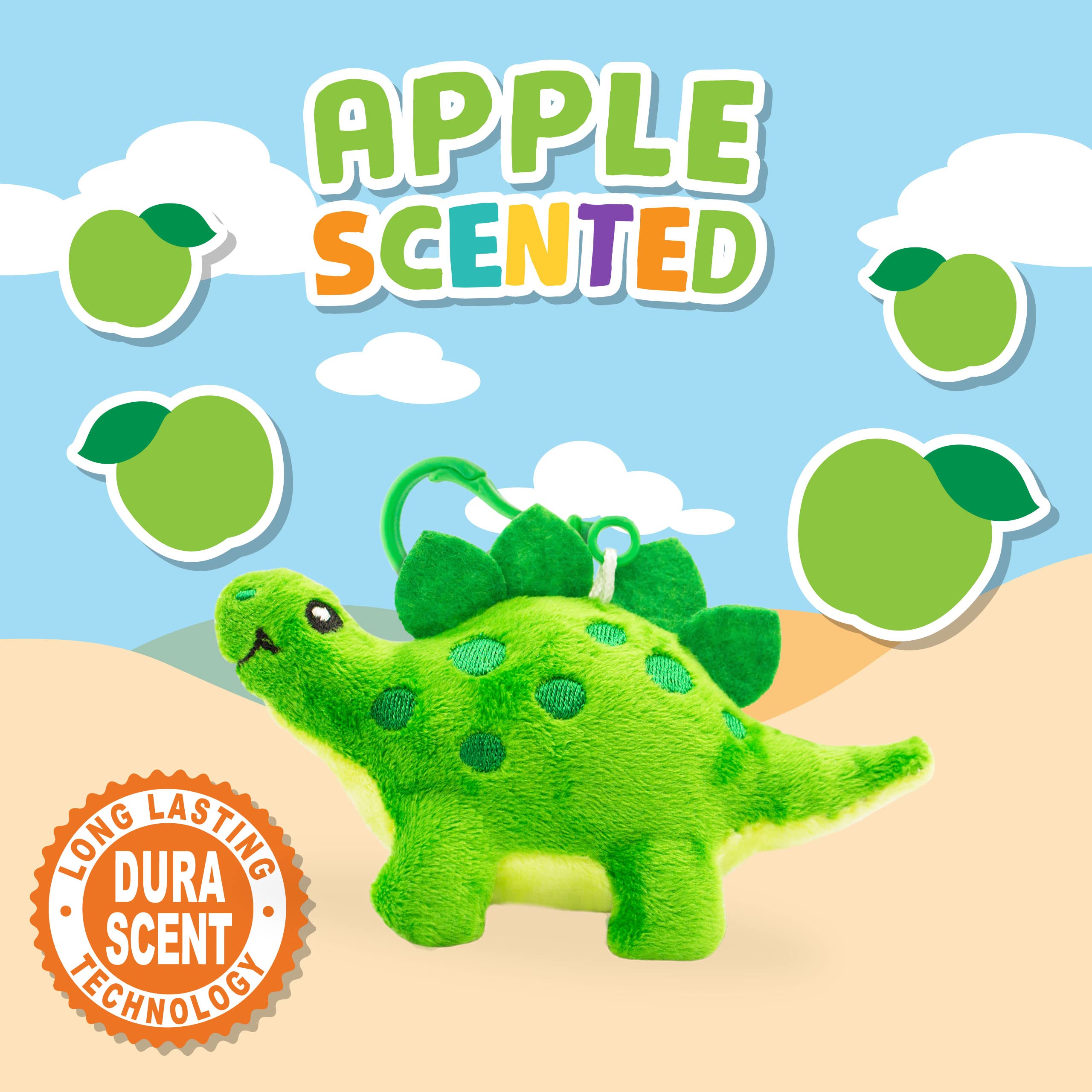 Scentco Dino Dudes Backpack Buddies - Patented Gourmet Scented Plush Toy Dinosaur Clips - Stegosaurus (Green Apple) - Stocking Stuffer