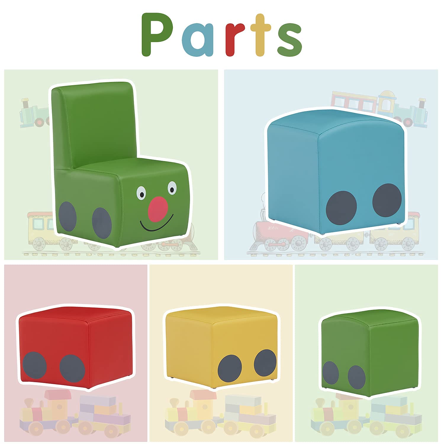 Kinsuite Kids Sofa Set - 5 Pcs PVC Leather Foam Toddler Lightweight Wooden Frame Cartoon Chair & Stools for Nursery School Daycare Kingdom Home Activity Room